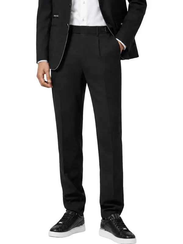 Philipp Plein Pleated Wool Blend Chino Trousers With A Mid-rise Waist - Black