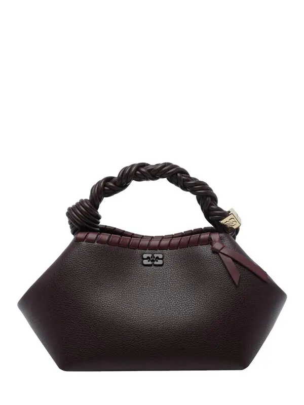 GANNI Bou Handbag With Braided Handle, Logo, And Contrast Stitching - Brown