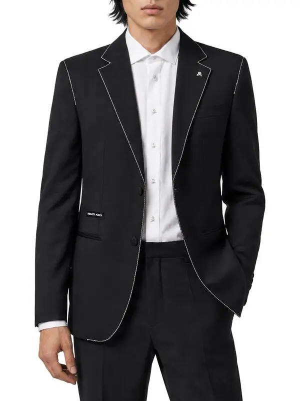 Philipp Plein Single-breasted Blazer In Virgin Wool With Contrast Piping - Black