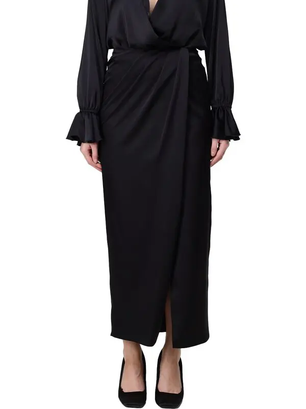 HANITA Draped High-waisted Satin Long Pencil Skirt - Black