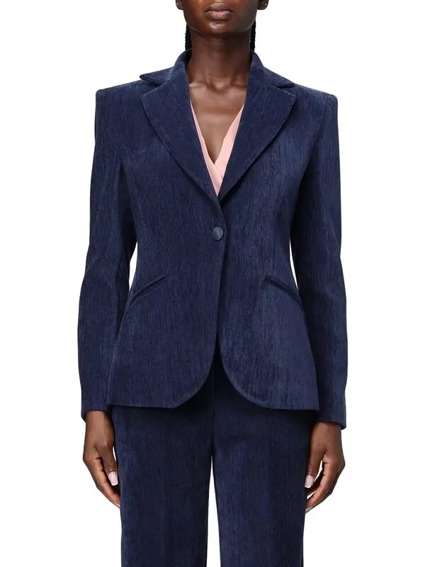 HANITA Single-breasted Velvet Blazer With Lapel Collar And Slit Pockets - Blue