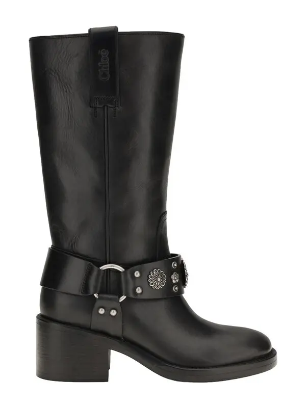 Chloé Dakota Studded And Embroidered Calf Leather Biker Boots - Black