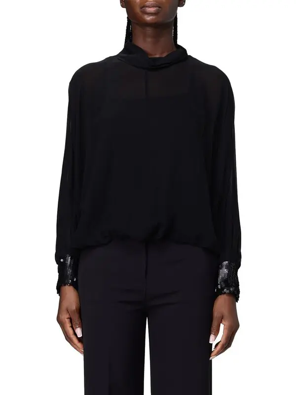 HANITA Draped Viscose Blouse With Sequins And Long Sleeves - Black