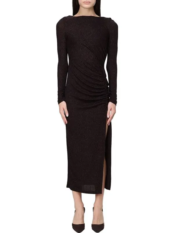 HANITA Draped Lurex Jersey Midi Sheath Dress With Side Slit - Brown