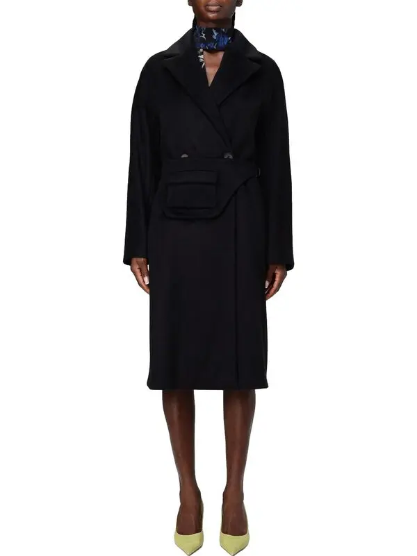HANITA Long Robe Coat In Rayon Blend With Waist Belt - Black