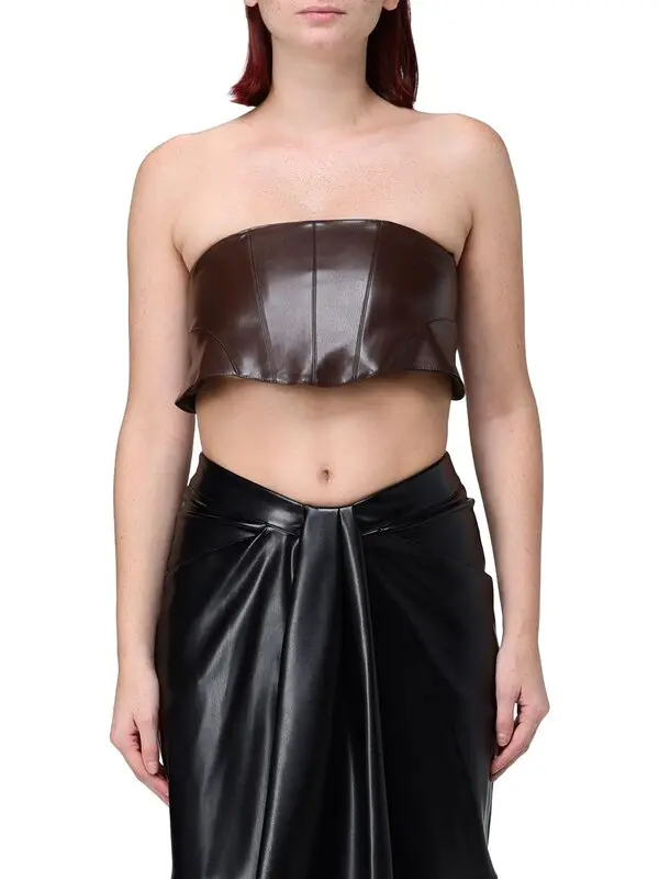 HANITA Cropped Faux Leather Bandeau Top With Woven Straps - Brown