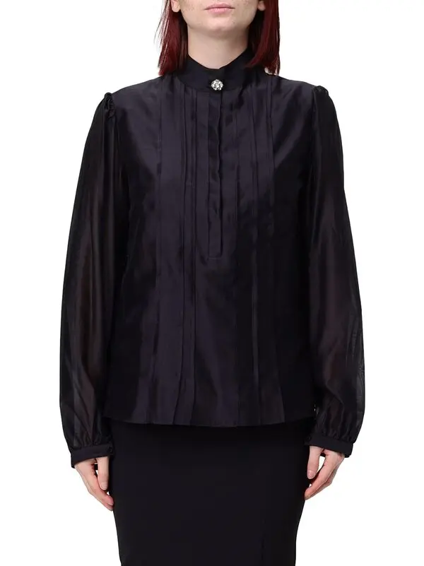 HANITA Satin Shirt With Mandarin Collar And Embroidered Plastron - Black