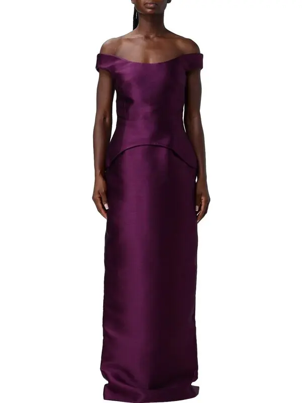 Solace London Off-the-shoulder Satin Gown With A Straight Neckline - Plum
