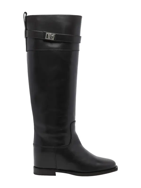 VIA ROMA 15 Knee-high Wedge Boots In Calfskin Leather With Pull-tab - Brown