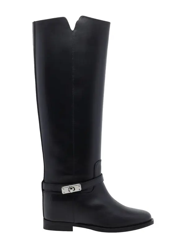 VIA ROMA 15 Knee-high Wedge Boots In Calfskin Leather With Straps - Black