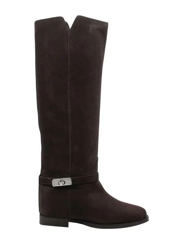 VIA ROMA 15 Knee-high Wedge Boots In Calfskin Leather With Straps - Brown