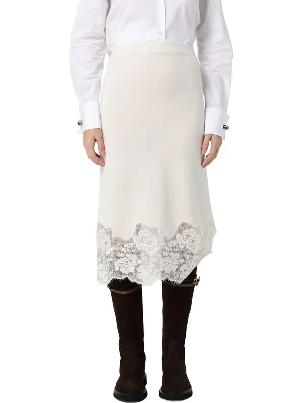 Fabiana Filippi Long Knit Pencil Skirt In Wool And Silk With Lace Inserts - Beige