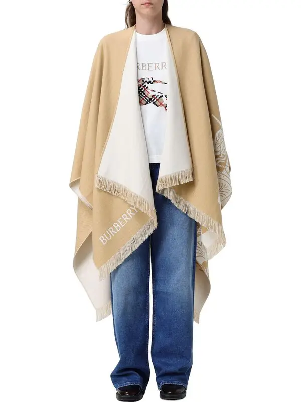 Burberry Asymmetric Wool And Silk Cape With Ekd Logo And Fringed Hem - Sand