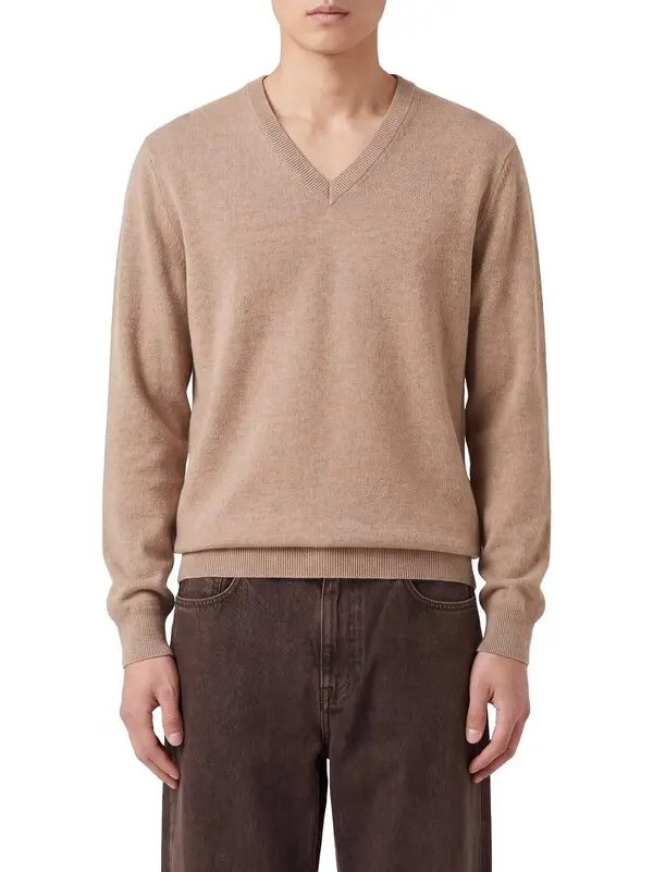 Brunello Cucinelli Pure Cashmere V-neck Jumper With Ribbed Trims - Camel