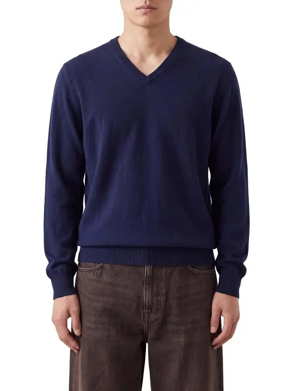 Brunello Cucinelli Pure Cashmere V-neck Jumper With Ribbed Trims - Navy