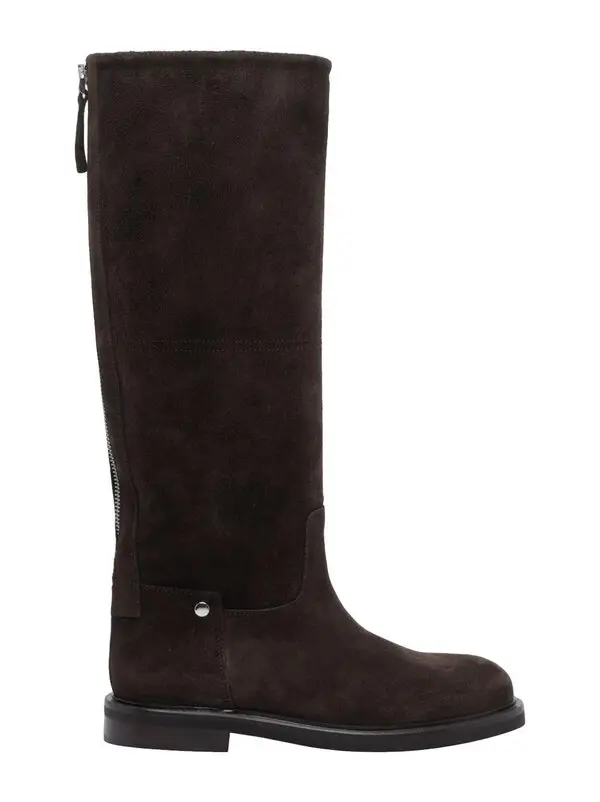 POEVE Suede Knee-high Boots With Back Zip Closure And A Low Heel - Brown