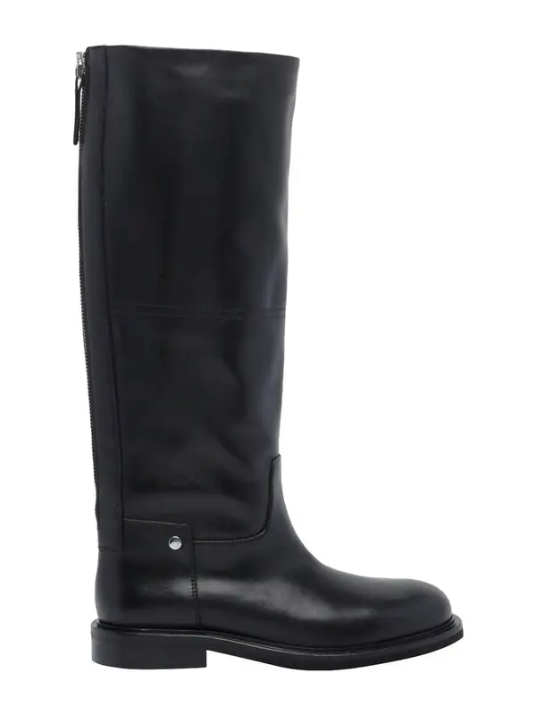 POEVE Smooth Calfskin Knee-high Boots With Back Zip And A Low Heel - Black