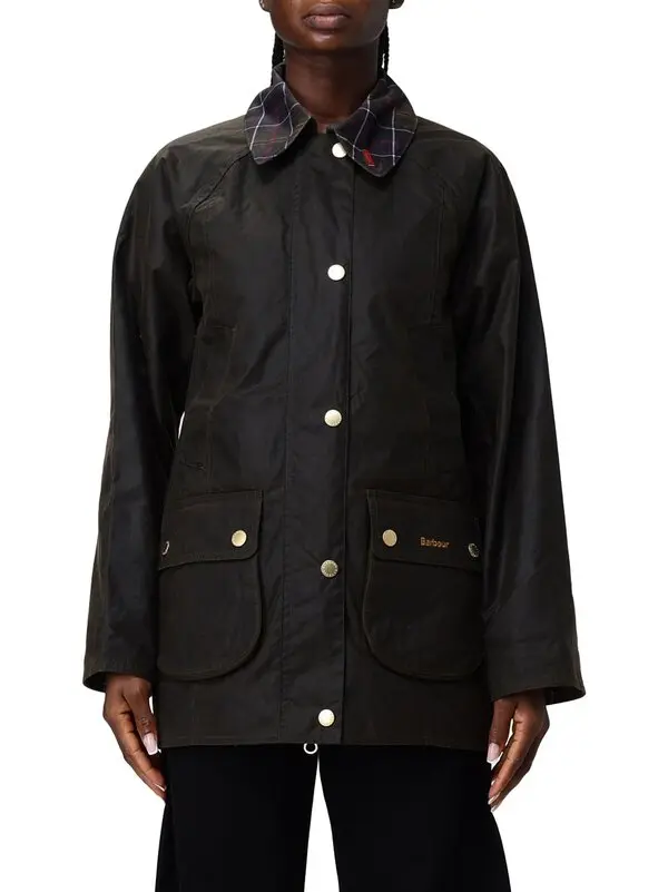 Barbour Short Shirt Jacket In Waxed Cotton With Check Collar - Green