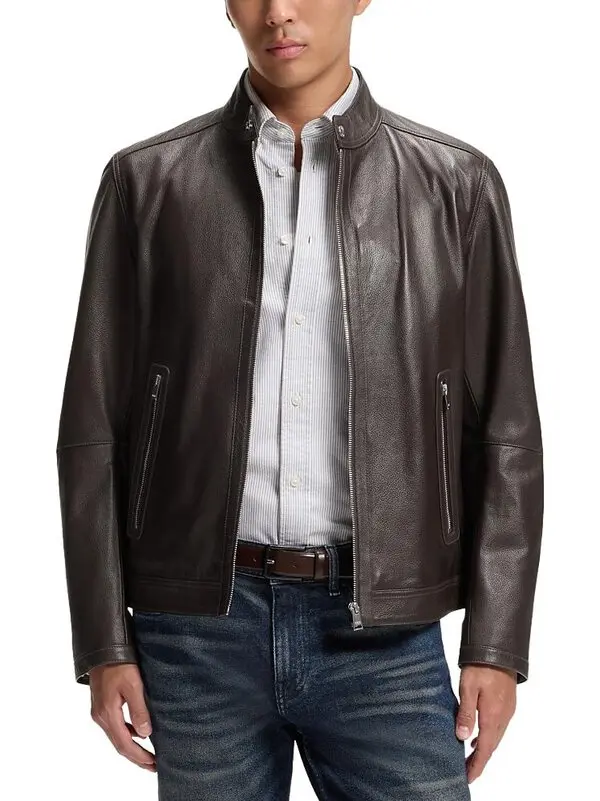 BOSS H-mansell Stand Collar Zip Leather Jacket - Open Brown