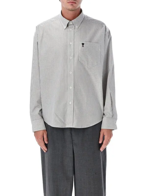 AMI Paris Striped Cotton Boxy-fit Button-down Shirt With Of Caur Chest Pocket - Bianco