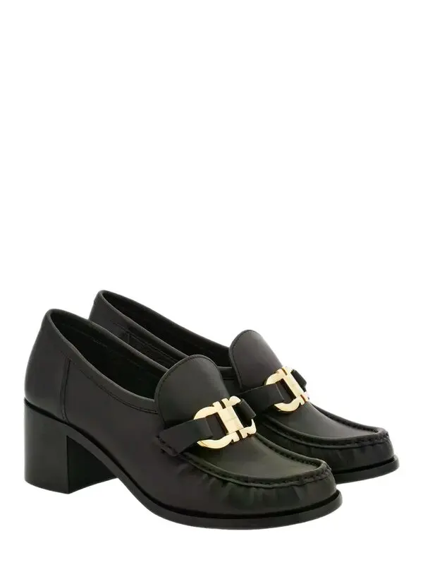 FERRAGAMO Block Heels Loafers With Gancini Ornament - Black