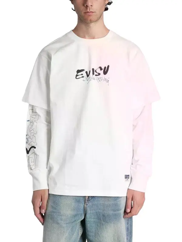 EVISU Graphic-print Layered-sleeve T-shirt - White