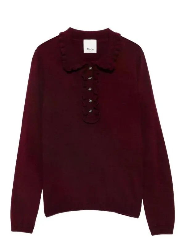 ALLUDE Ruffle-trimmed Button-up Sweater - Red