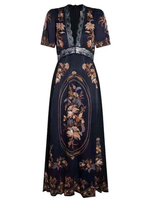 Farm Rio Floral-print Lace-trim Maxi Dress - Blue