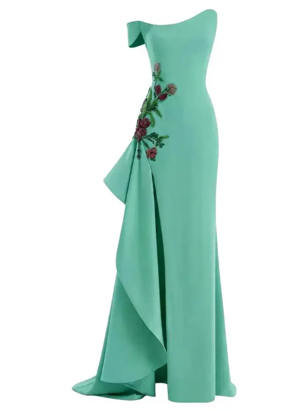 GEMY MAALOUF Asymmetrical Floral-embroidered Dress - Green