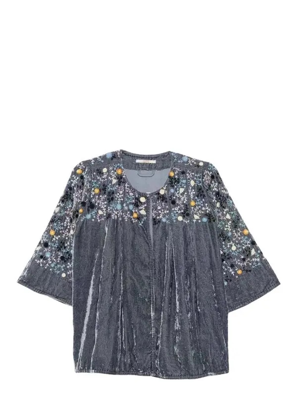 AODRESS Floral-embroidered Velvet Jacket - Blue