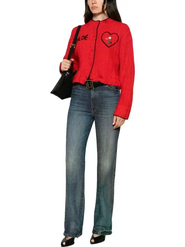 Chloé Logo-embroidered Cable-knit Cardigan - Red
