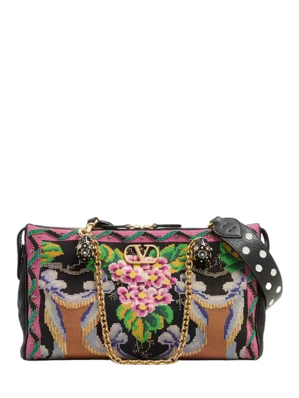 Valentino Garavani Panthea Medium Embroidered Shoulder Bag - Black