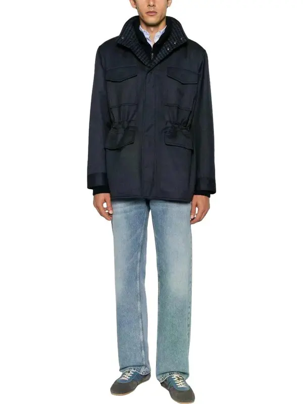 Brioni Leather-trimmed Chest-pockets Coat - Blue