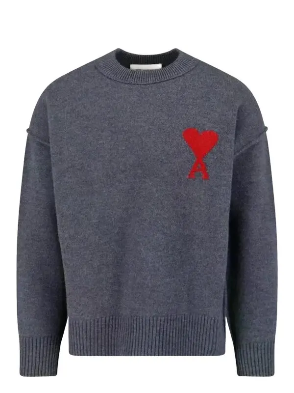 AMI Paris Crewneck Wool Sweater With De Coeur - Grey