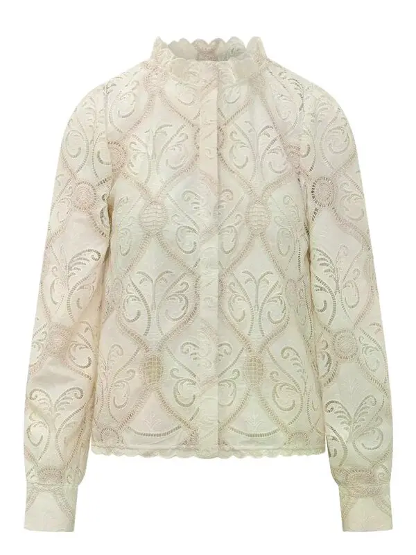 Farm Rio Lace-embroidered Scalloped-edge Blouse - Neutrals