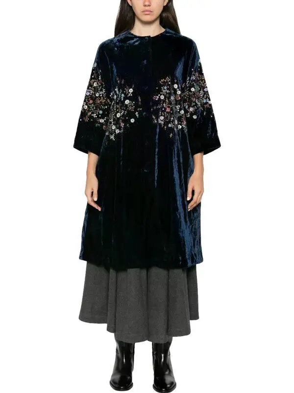 AODRESS Floral-embroidered Velvet Coat - Blue