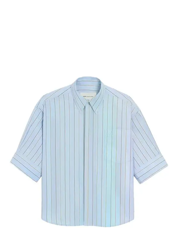 AMI Paris Large Striped Cotton Short-sleeve Shirt With Embossed Logo - Blue