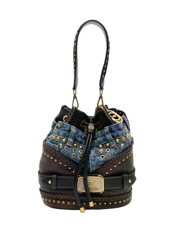 LA CARRIE Stud-embellished Denim-detail Bucket Bag - Brown