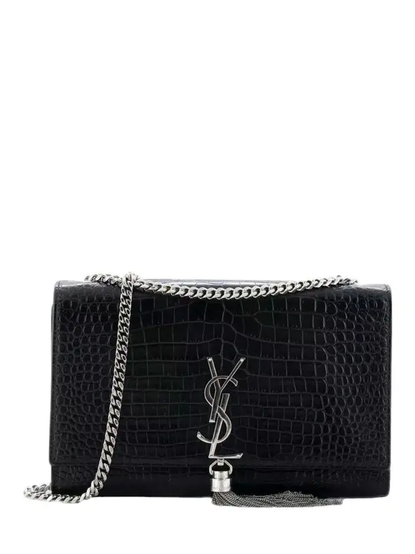 Saint Laurent Classic Monogram Tassel Crocodile Embossed Leather Medium Crossbody Bag - Black