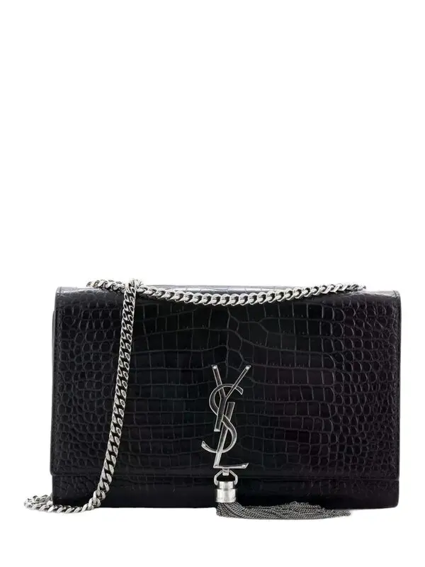 Saint Laurent Classic Monogram Tassel Crocodile Embossed Leather Medium Crossbody Bag - Black