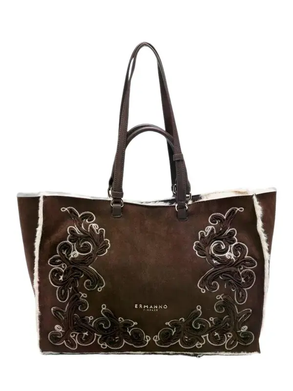 ERMANNO FIRENZE Large Shearling-trim Embroidered Tote Bag - Brown