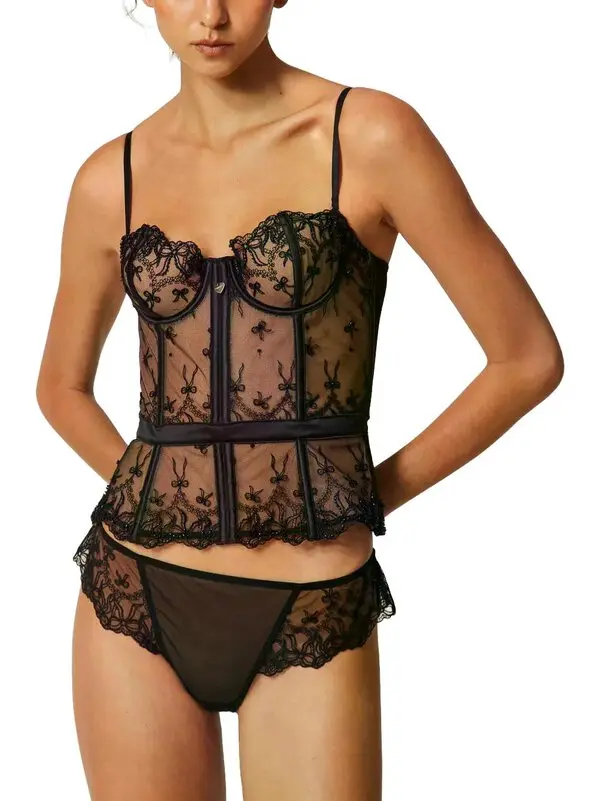 TWINSET Embroidered Tulle Bustier With Bows - Black
