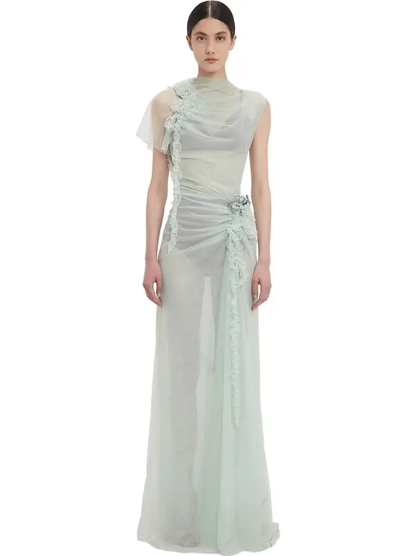 Victoria Beckham Gathered Tulle Detail Floor-length Dress - Jade