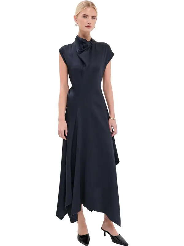 Victoria Beckham High Neck Draped Midi Dress - Midnight
