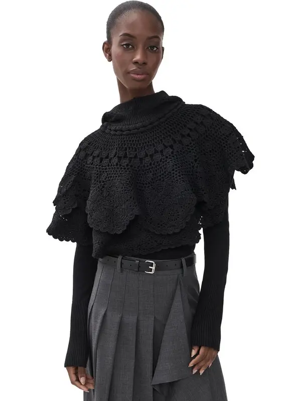 Sea Wright Knit Crochet Poncho - Black
