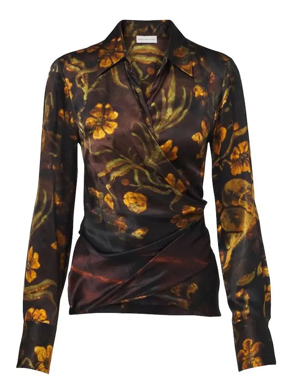 Dries Van Noten Draped Floral Silk Satin Wrap Top - Brown