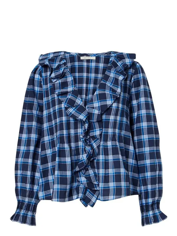 DÔEN Hardy Plaid Ruffled Cotton Blouse - Blue