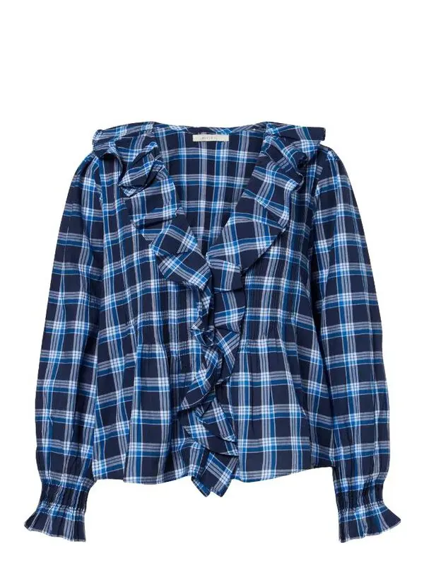 DÔEN Hardy Plaid Ruffled Cotton Blouse - Blue