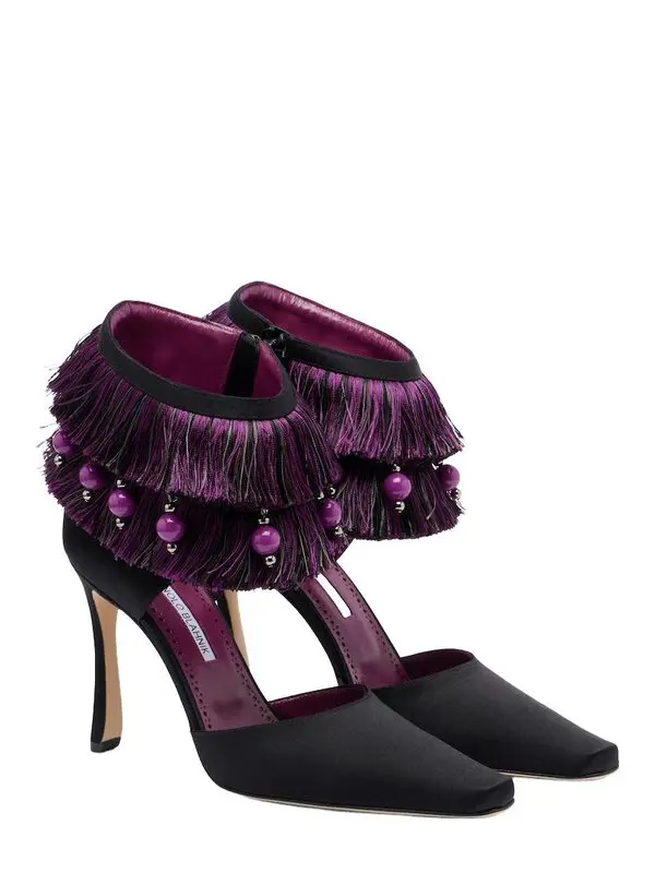 Manolo Blahnik Sorolla Embellished Fringed Satin Pumps - Black