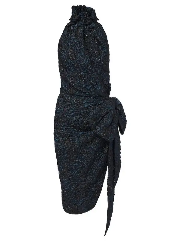 Balmain Draped Jacquard Halterneck Midi Dress - Blue